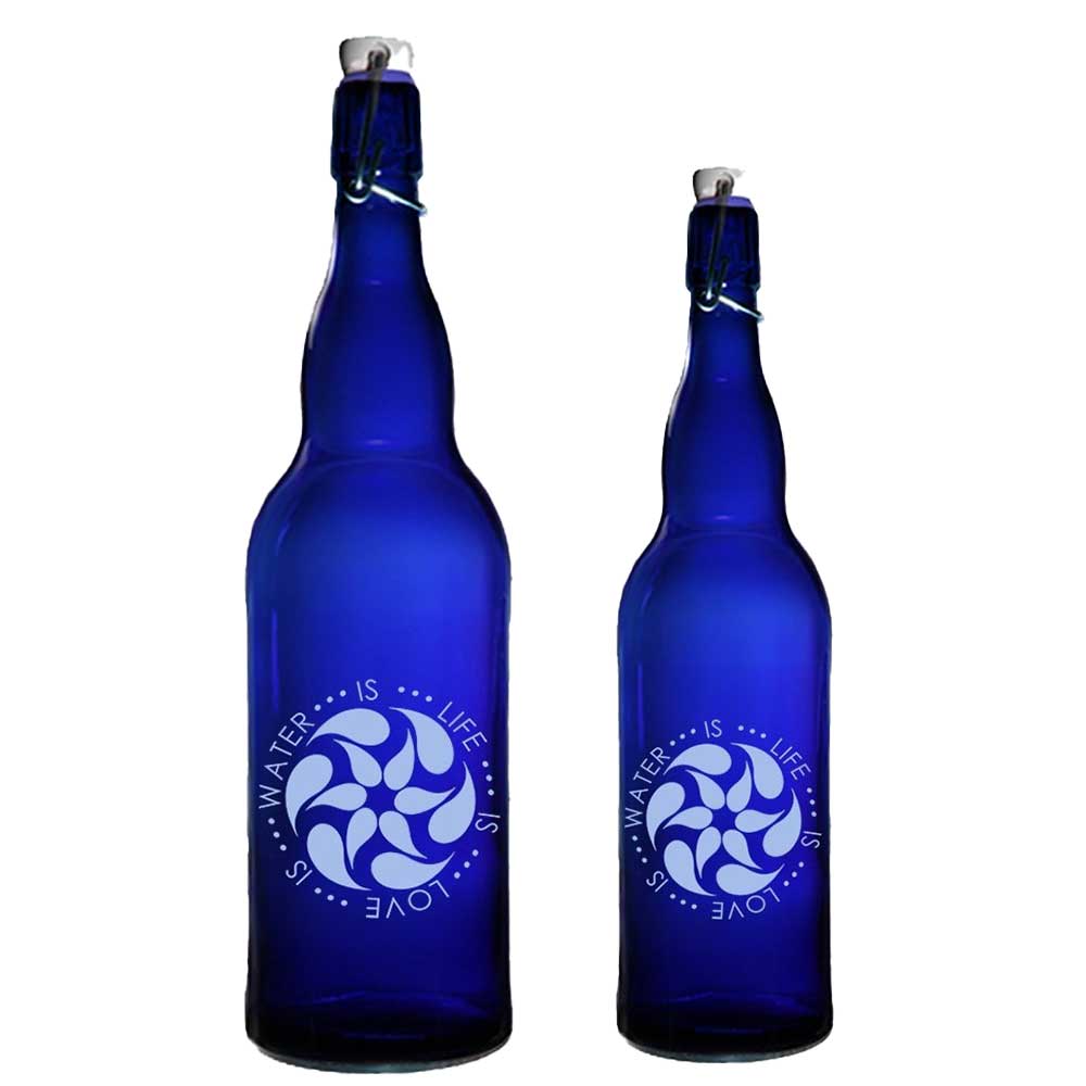 1 Litre Glass Blue Bottle – Water is Life is Love