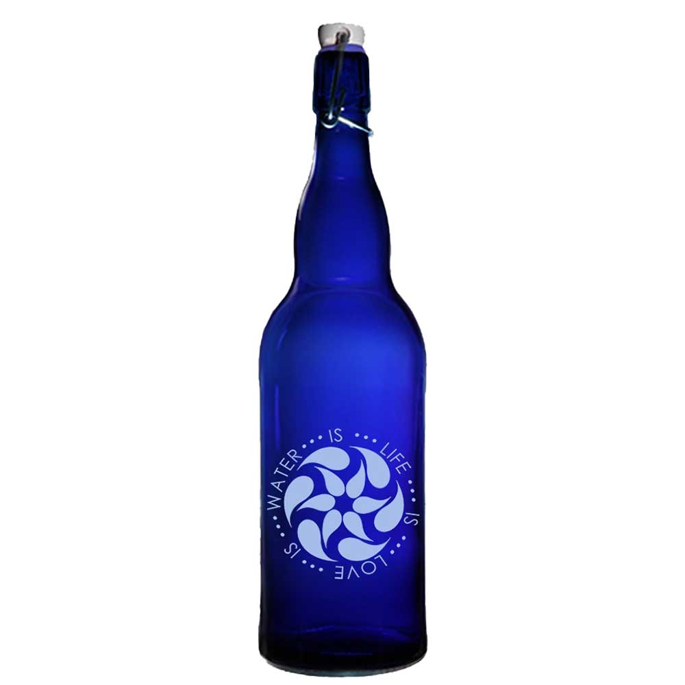 1 Litre Glass Blue Bottle – Water is Life is Love