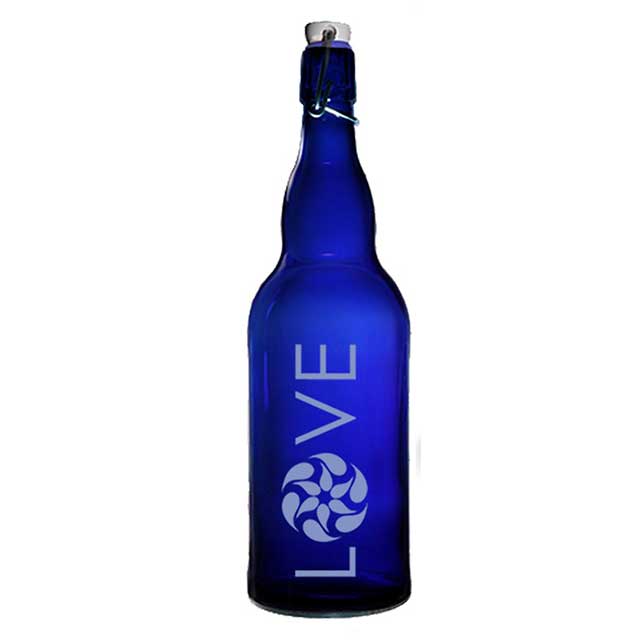 1 Litre Glass Blue Bottle Love Logo | Sustainable Hydration